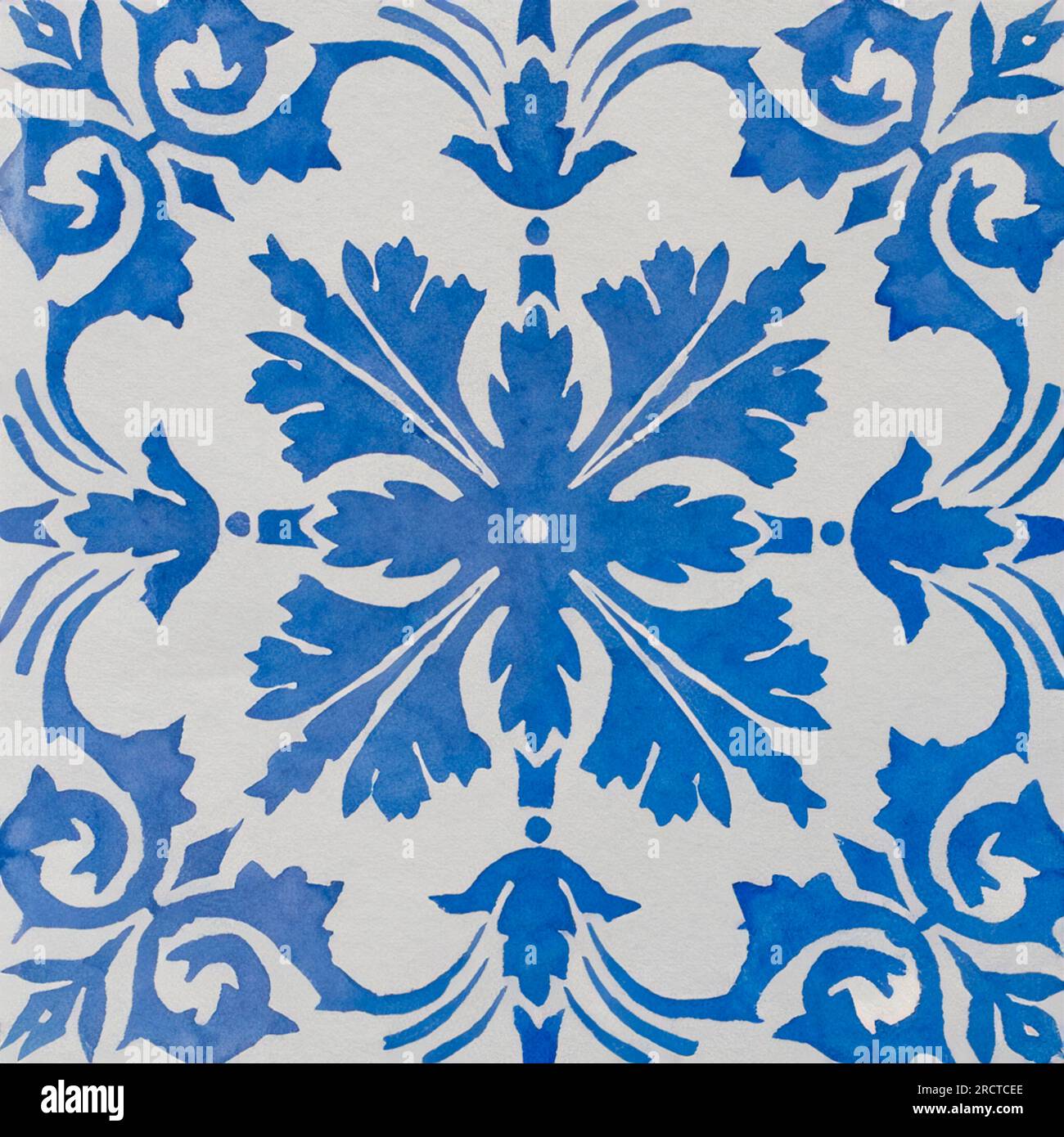 Watercolor illustration of portuguese ceramic tiles pattern. Single ...