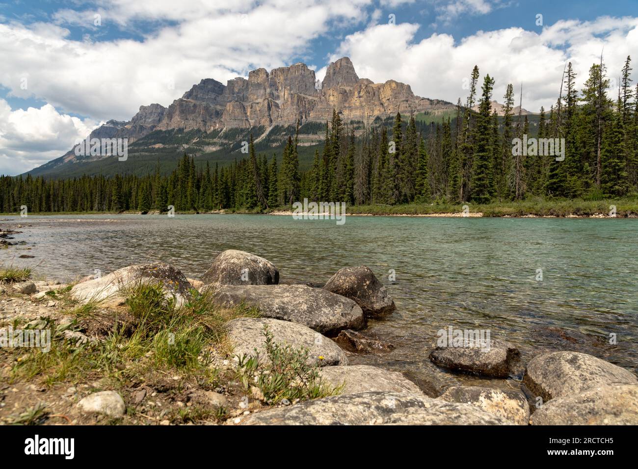 Panoramic scenery in Banff National Park at Castle Mountain with blue ...