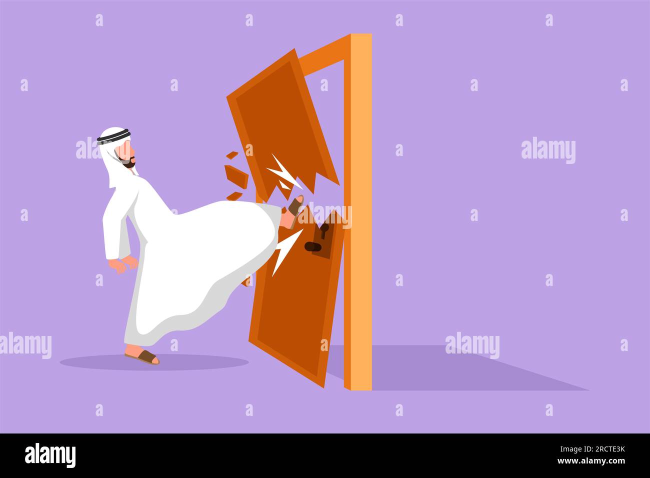 Character flat drawing young Arabian businessman kicks the door until ...