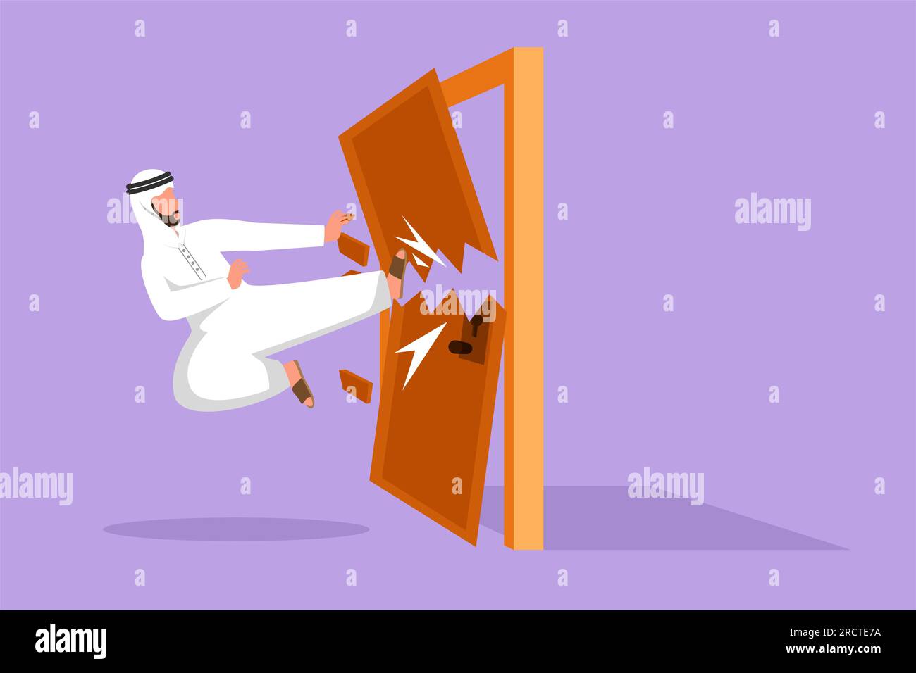 Graphic flat design drawing Arab businessman kicks the door with flying ...