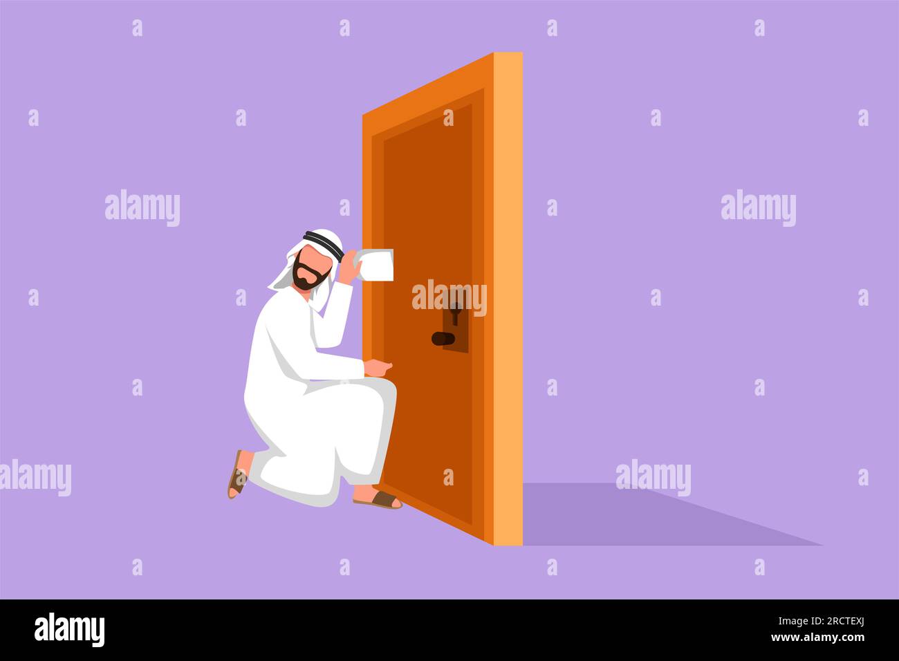 Graphic flat design drawing Arab man eavesdropping at the door. Curious ...