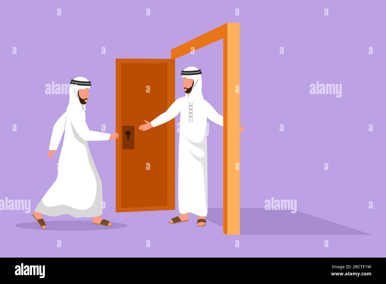 Graphic flat design drawing Arab businessman at the door welcomes his ...
