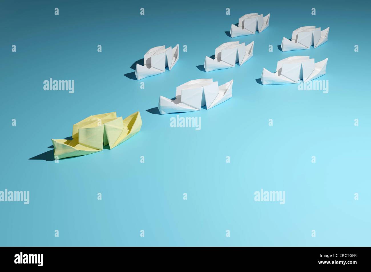 Leadership and teamwork concept. Paper origami boats. 3D render ...
