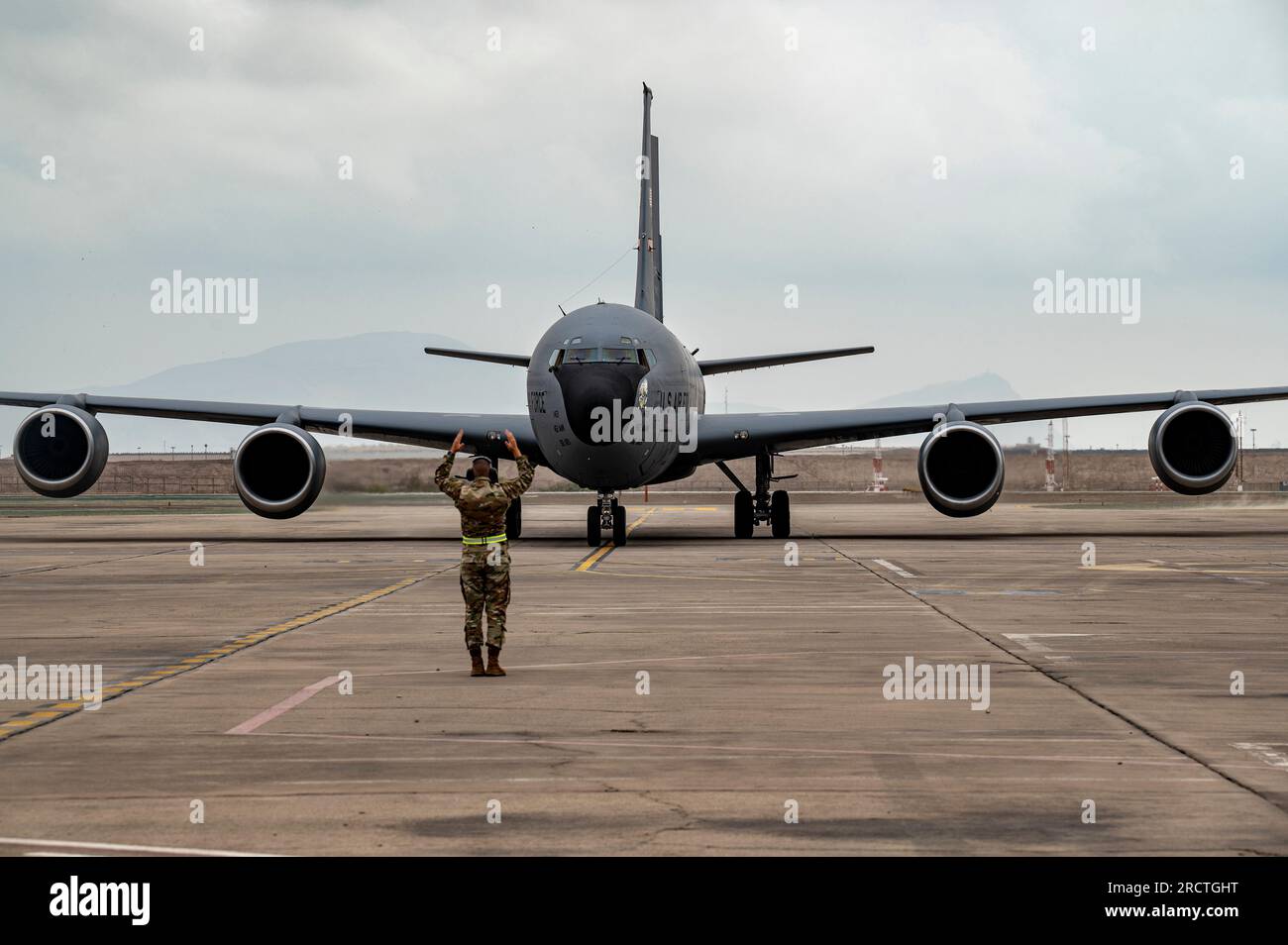A U.S. Air Force KC-135 from the 64th Air Expeditionary Wing taxies ...