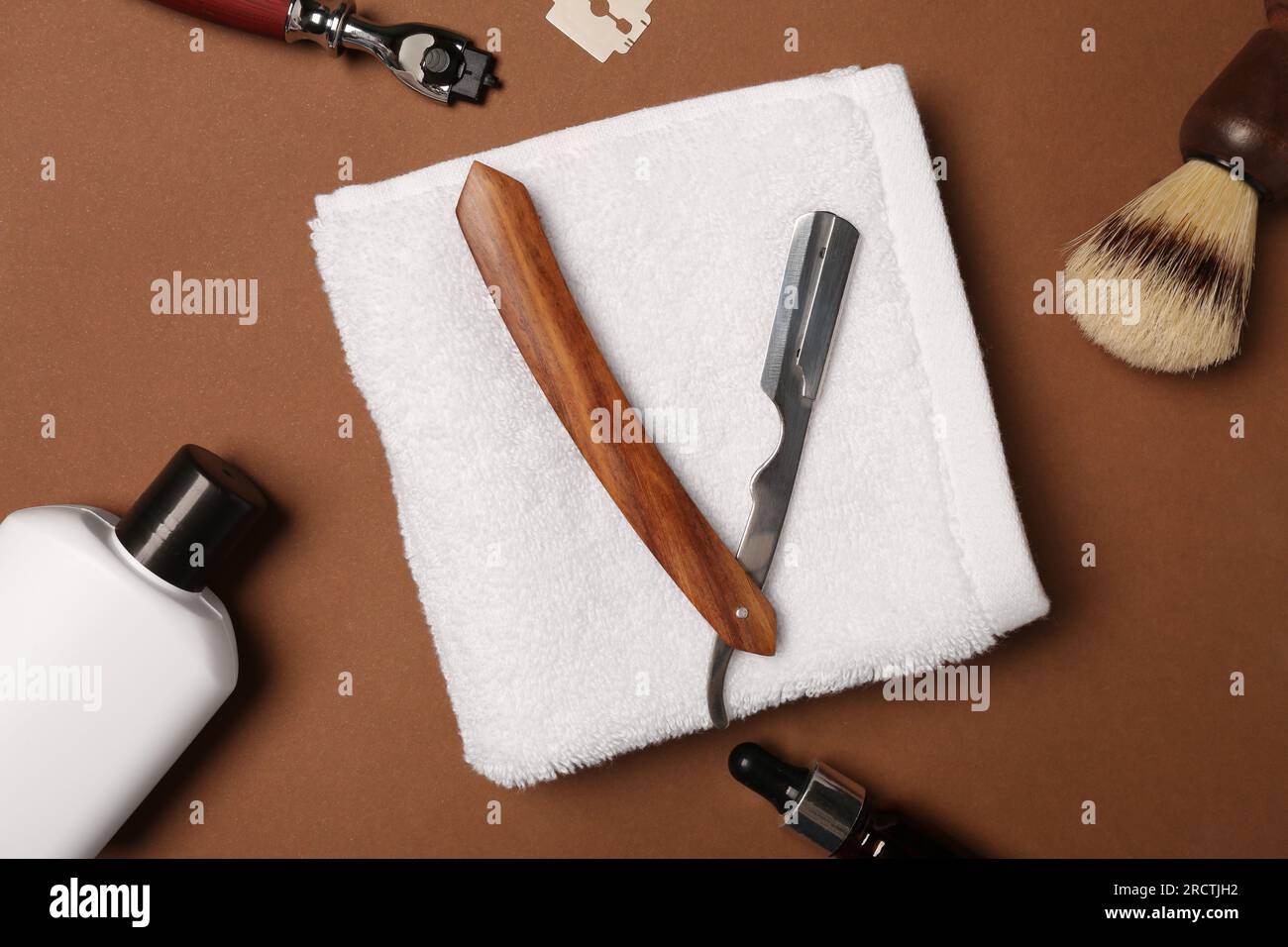 Set of men's shaving tools on brown background, flat lay Stock Photo ...