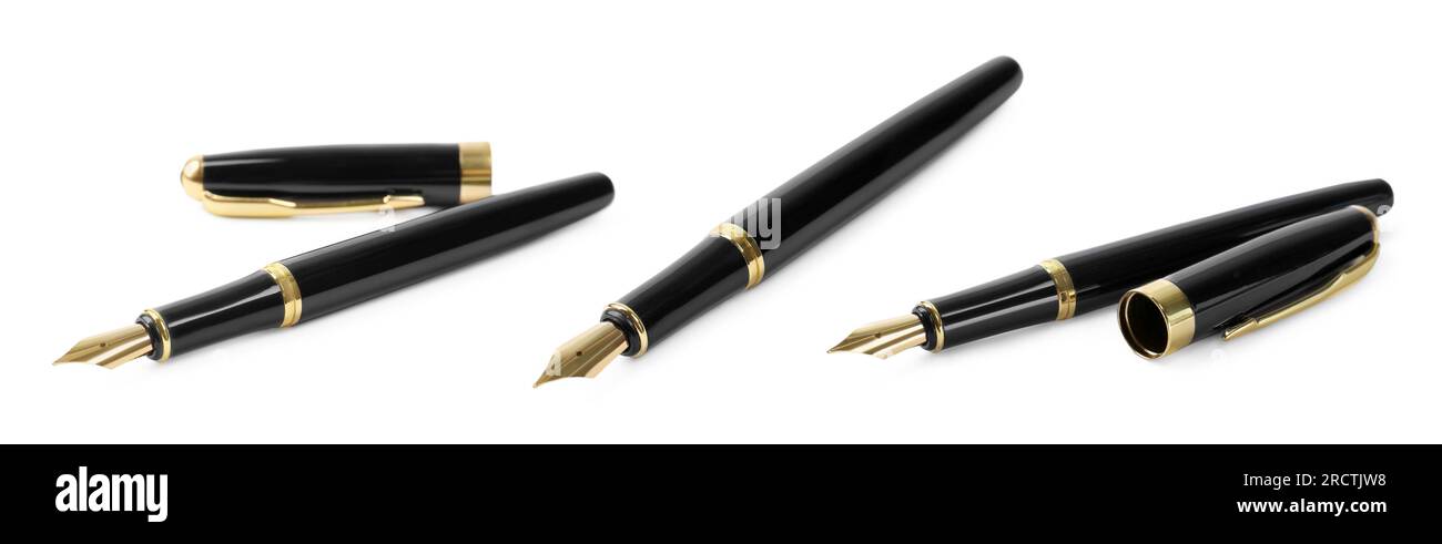 Collage with fountain pens on white background Stock Photo - Alamy