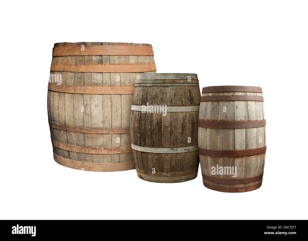 Many different wooden barrels on white background Stock Photo - Alamy