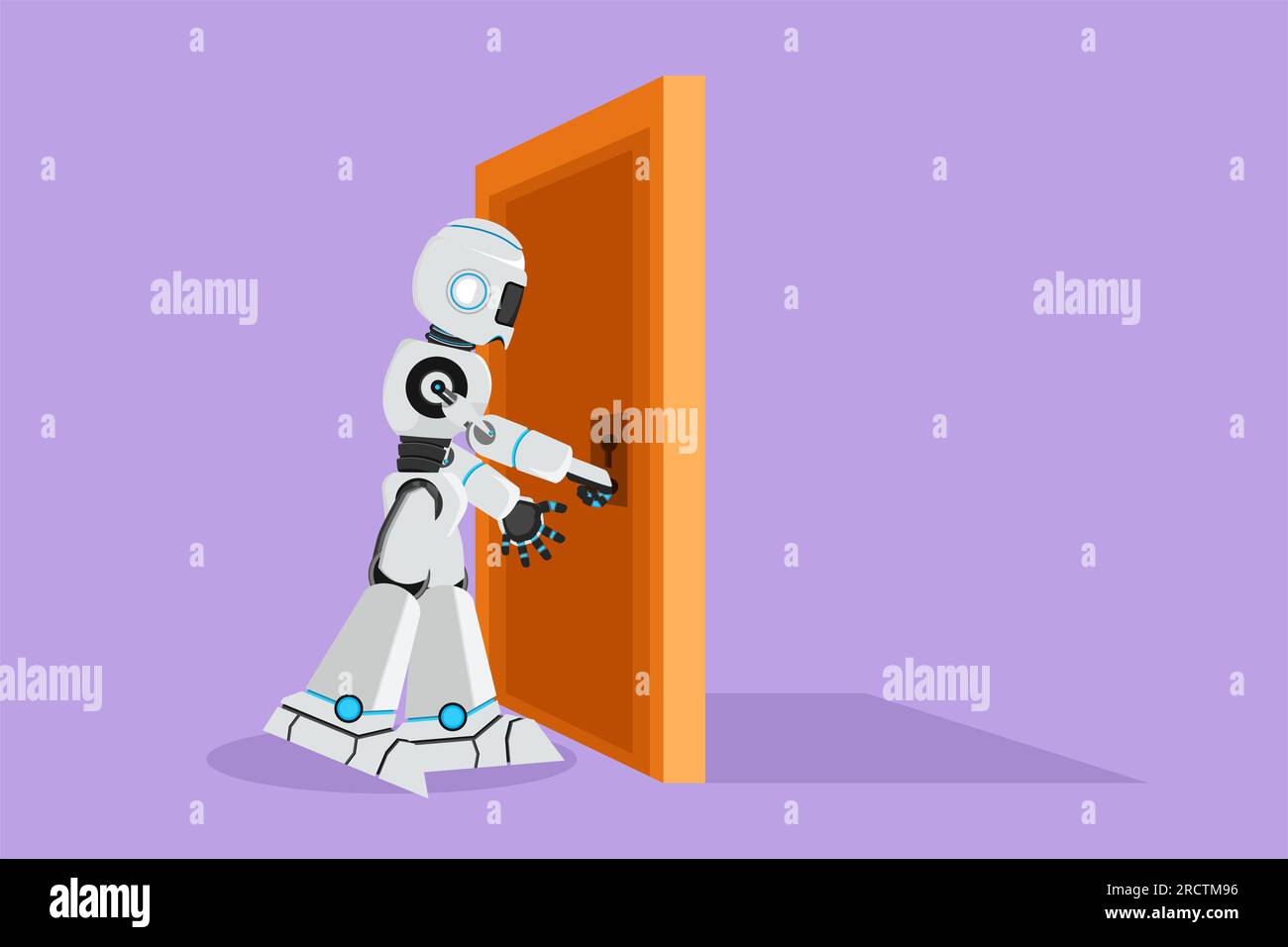 Character flat drawing robot holding door knob. Entering working room ...
