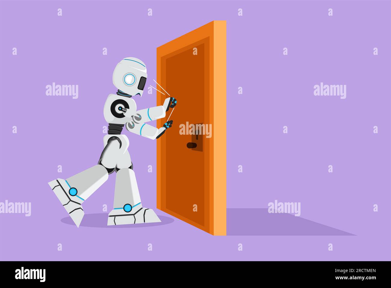 Graphic flat design drawing of robot knocking at door. Cyborg standing ...