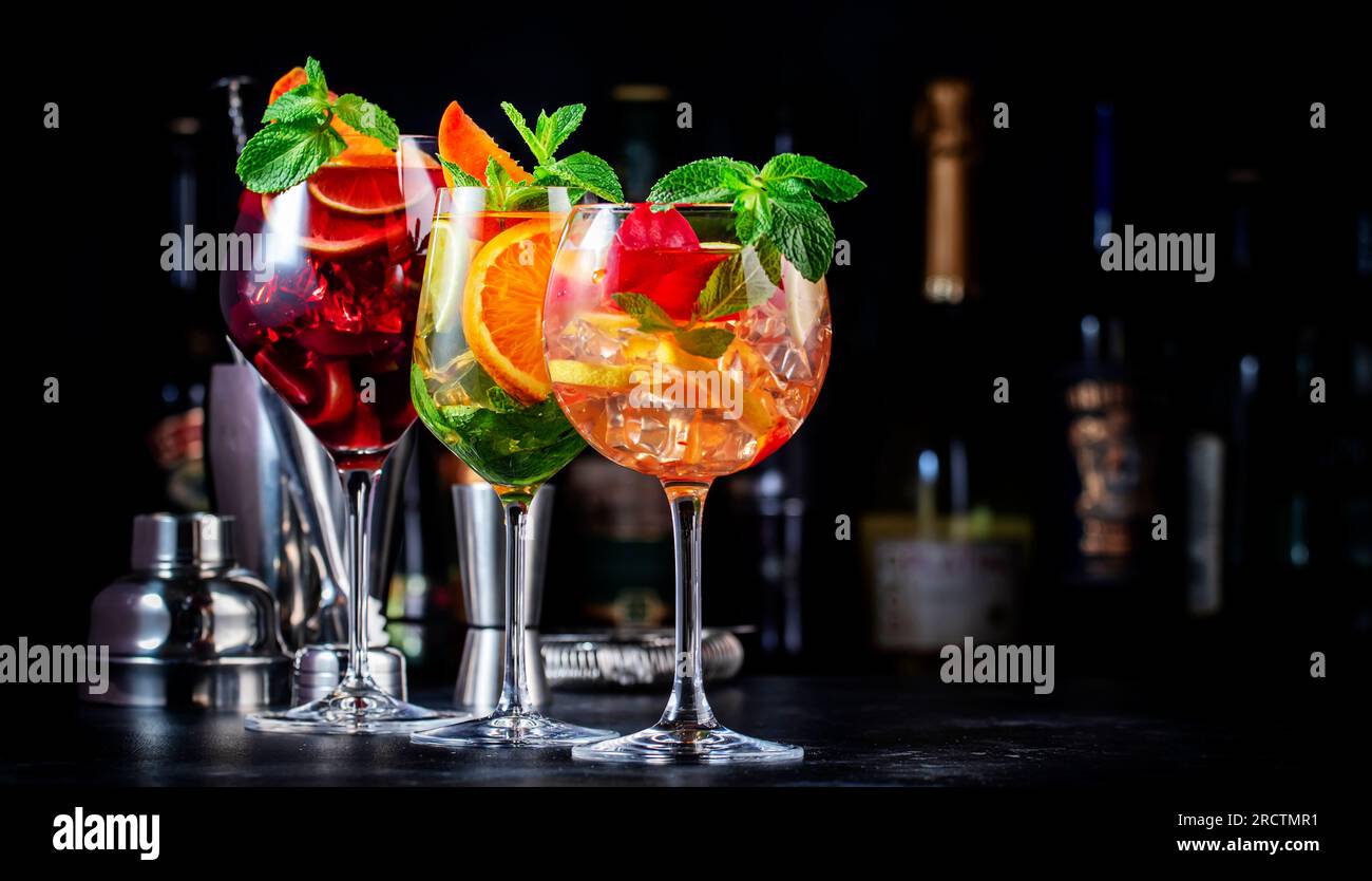 Red, white, rose sangria summer alcoholic cocktail drinks with spanish ...