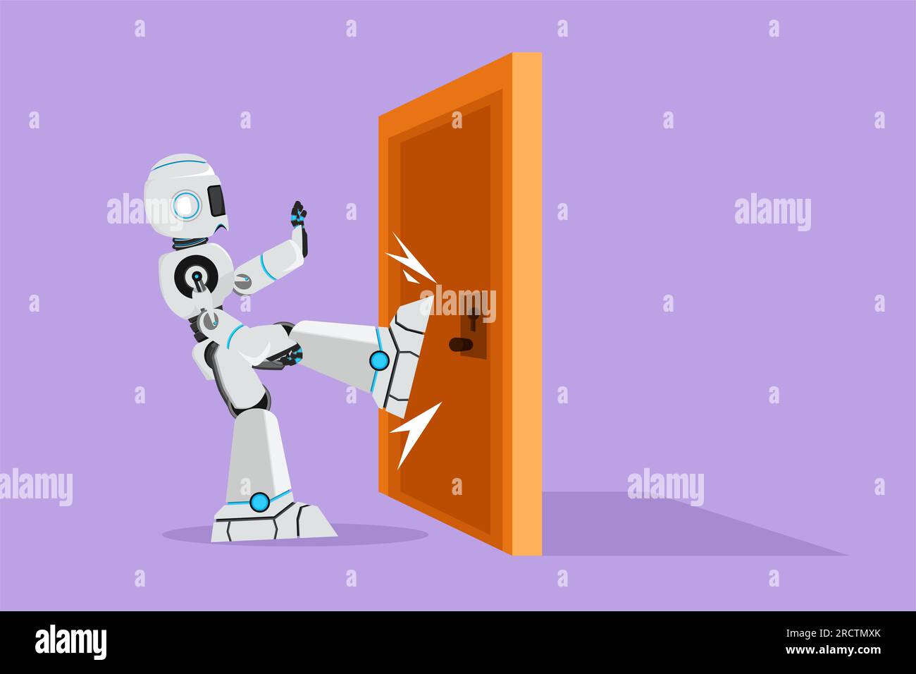 Cartoon flat style drawing robot kicks door closed with leg. Business ...
