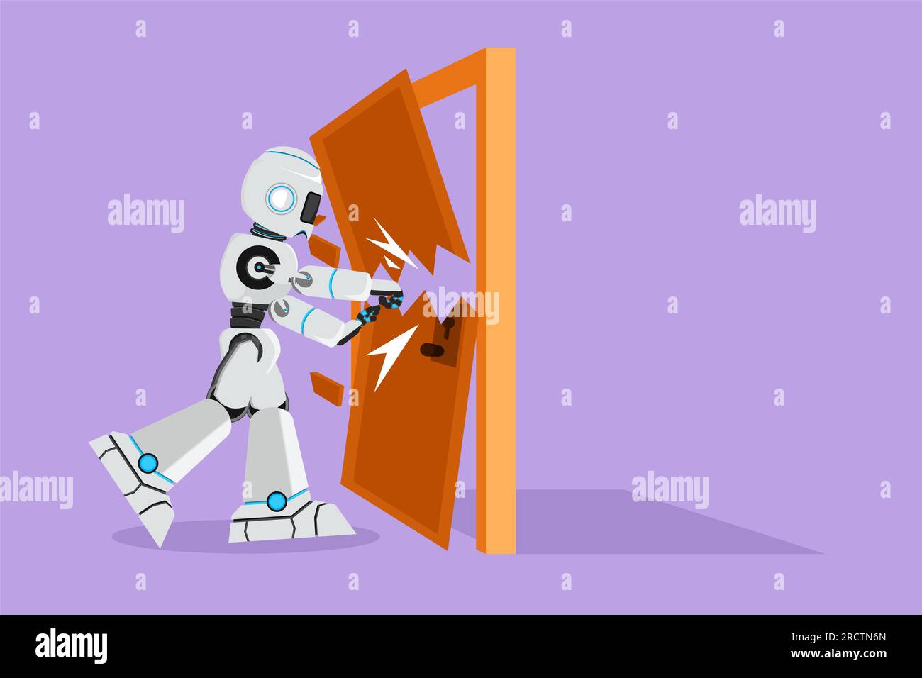 Cartoon flat style drawing robot punching, destroying door. Overcome ...