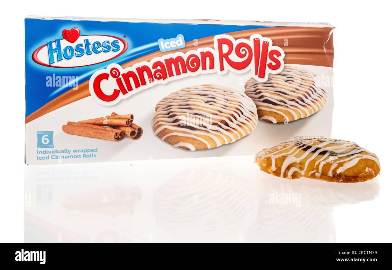 Winneconne, WI - 15 July 2023: A package of Hostess Iced cinnamon rolls ...