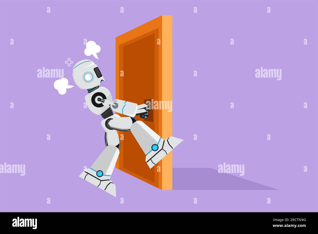 Character flat drawing robot pulling closed door knob with power ...