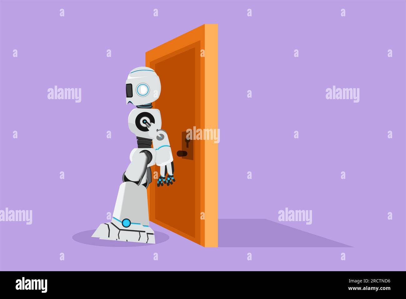 Graphic flat design drawing robot pushing door with his back. Business ...