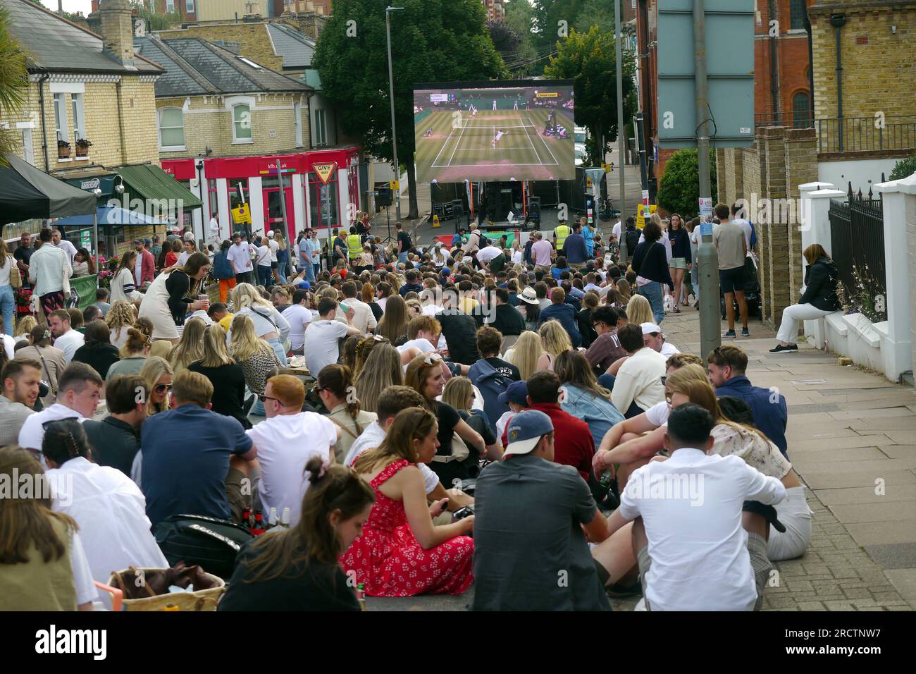 London, UK, 16 July 2023 Northcote road SW11 Battersea closed and crowd ...