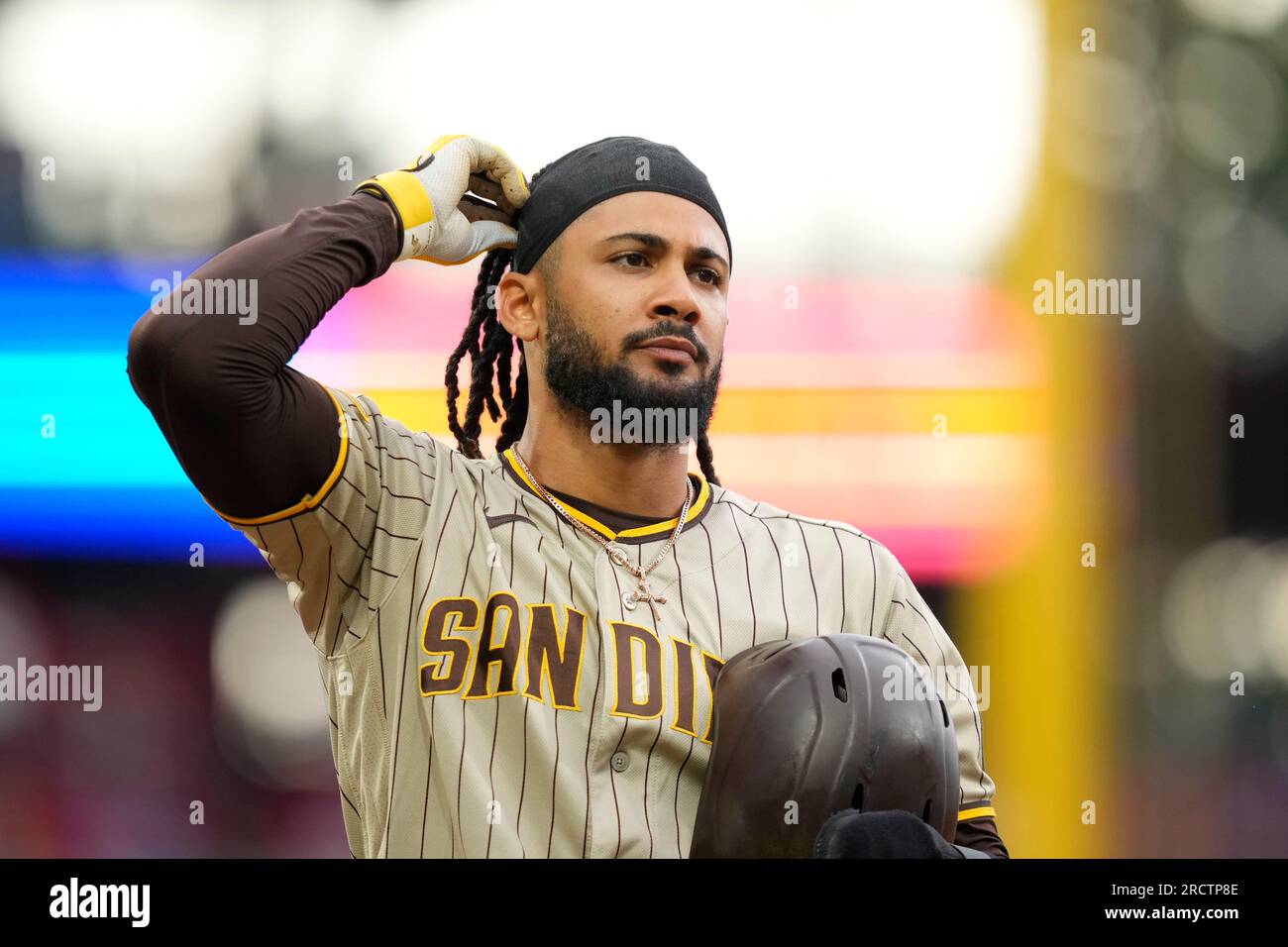 San Diego Padres' Fernando Tatis Jr. plays during a baseball game, Sunday, July 16, 2023, in ...