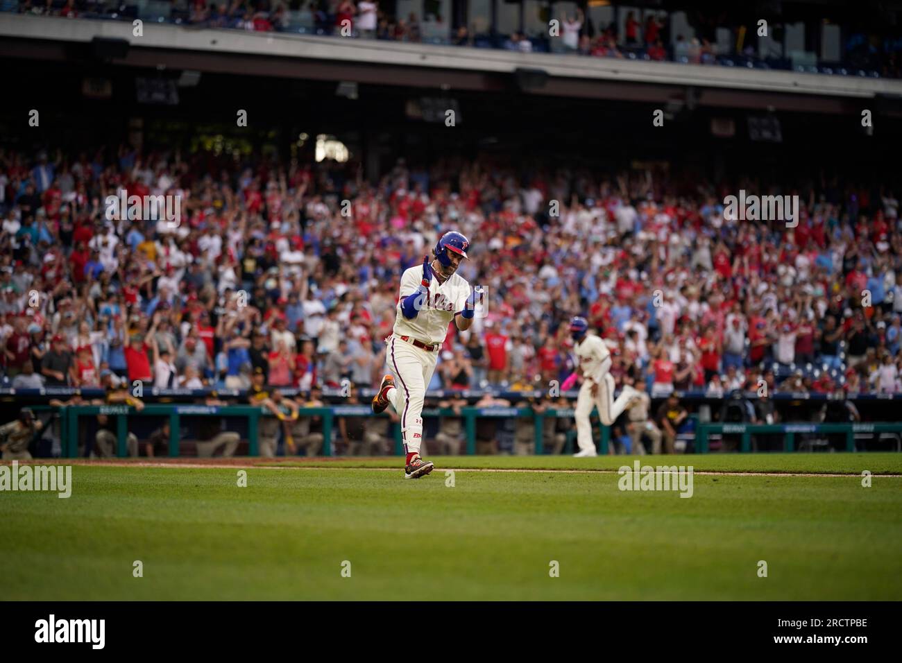 Philadelphia Phillies' Bryce Harper reacts during a baseball game ...