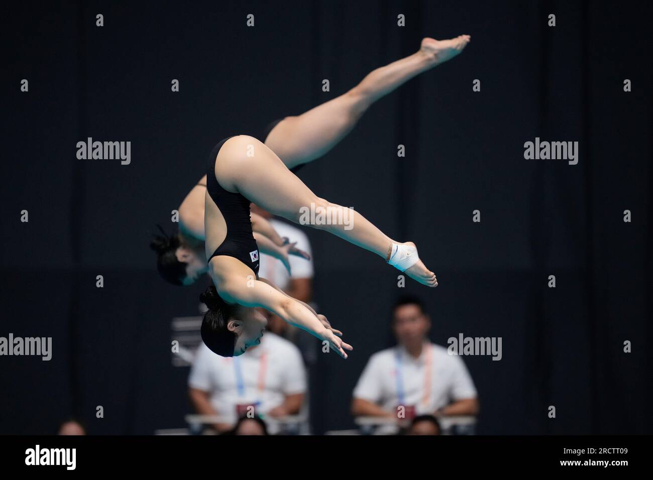 Kim Su-ji and Park Hareum, of South Korea, compete in the women's 3 ...