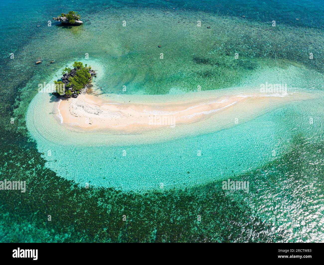 Top view of beautiful sandbar beach with waves and turquoise water ...