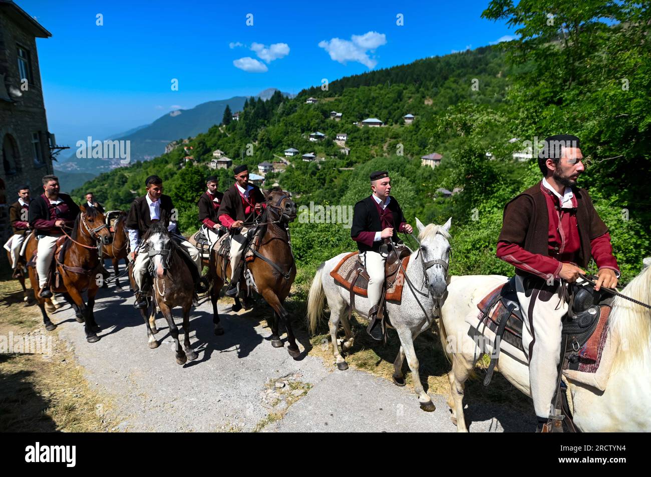 Skopje, North Macedonia. 16th July, 2023. Horse riders in traditional ...