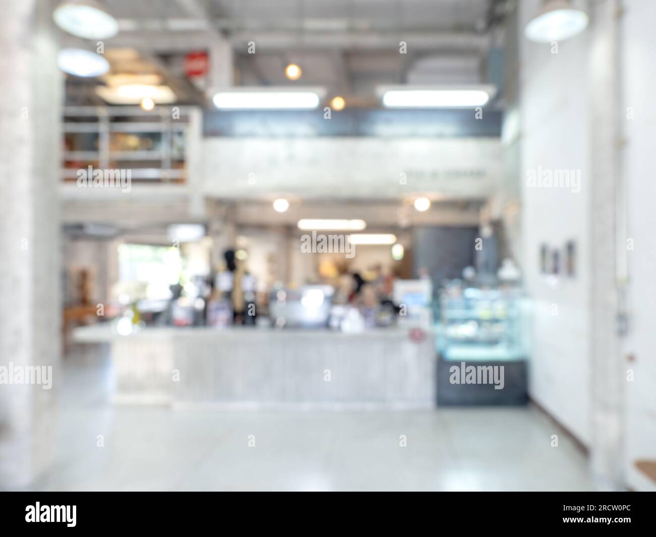 Abstract blurred modern white cafe workspace background, two storey ...