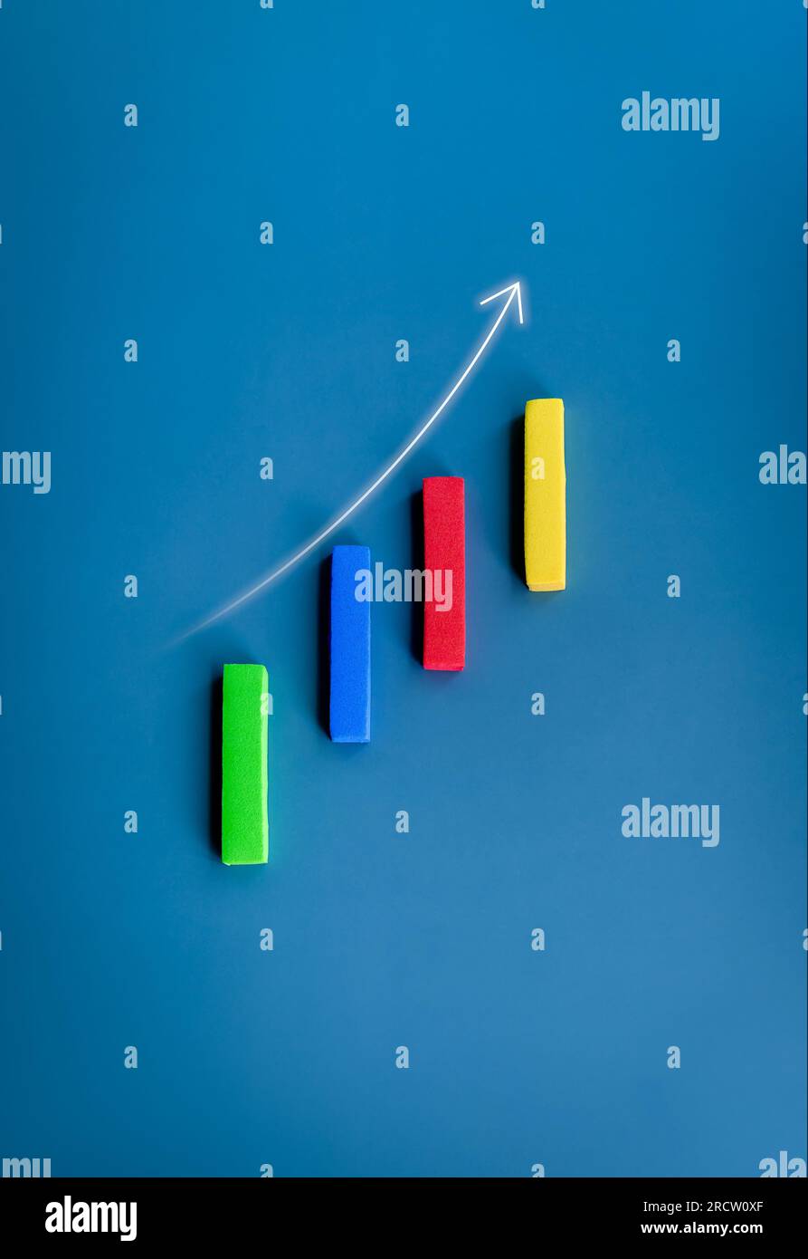 Rising up arrow on vertical multicolor block sticks as a business chart ...