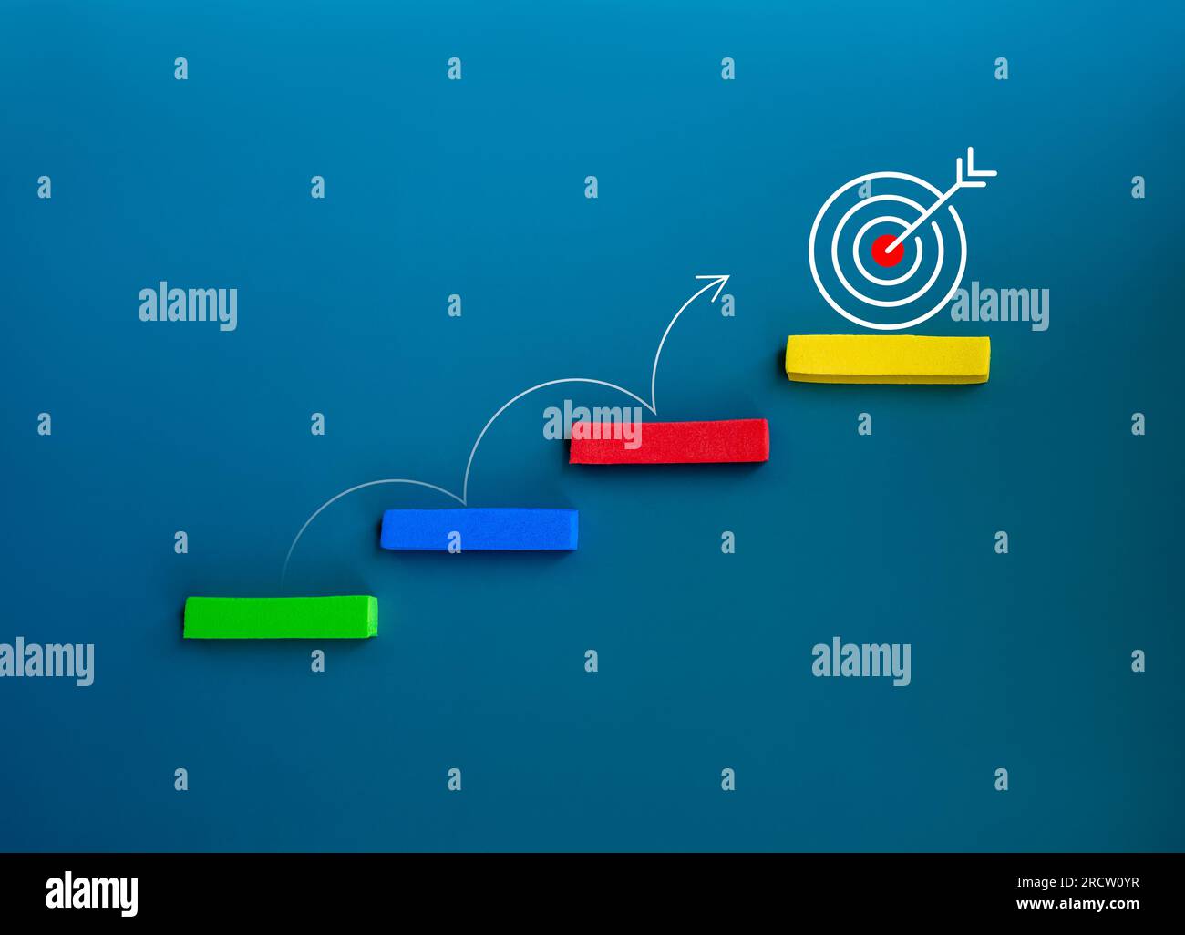 Curved line arrow jumping on colorful stair blocks from below to the ...