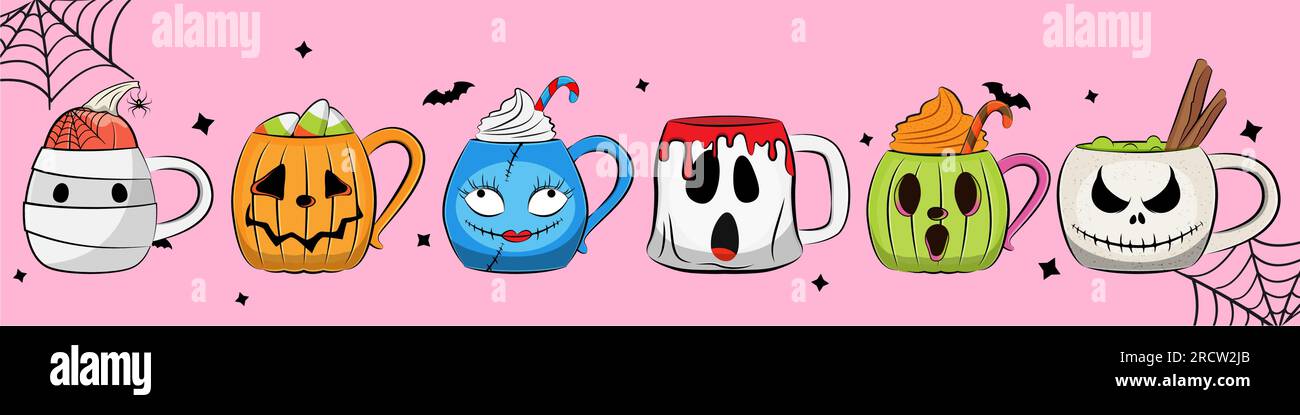 Happy Halloween set of creepy mugs with faces. Vector illustration in ...
