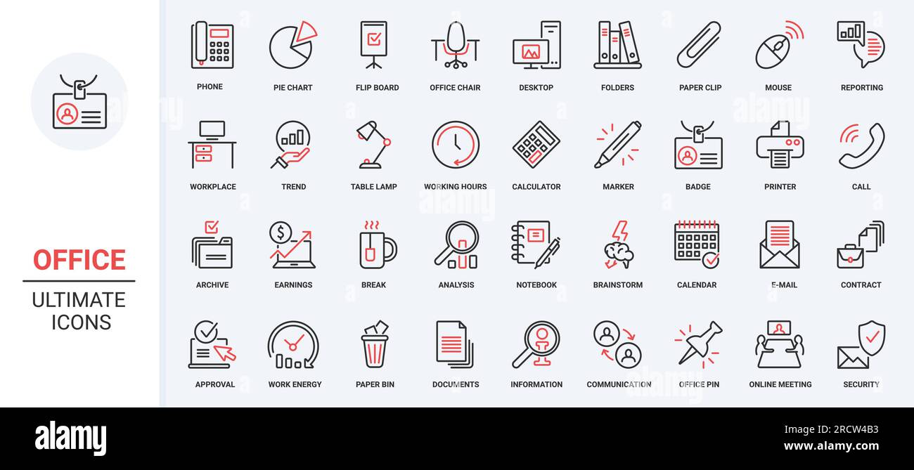 Vector illustration trendy red black thin line icons set office communication documents ...