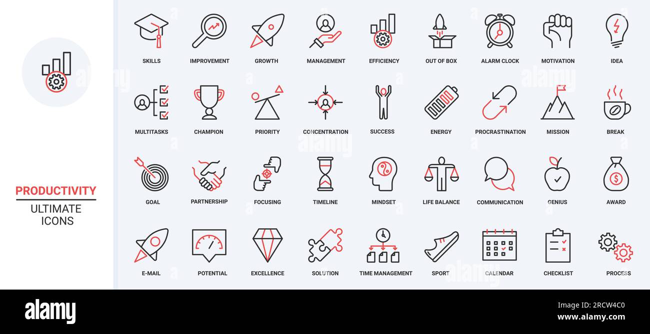 Vector illustration red black thin line icons set for productivity ...