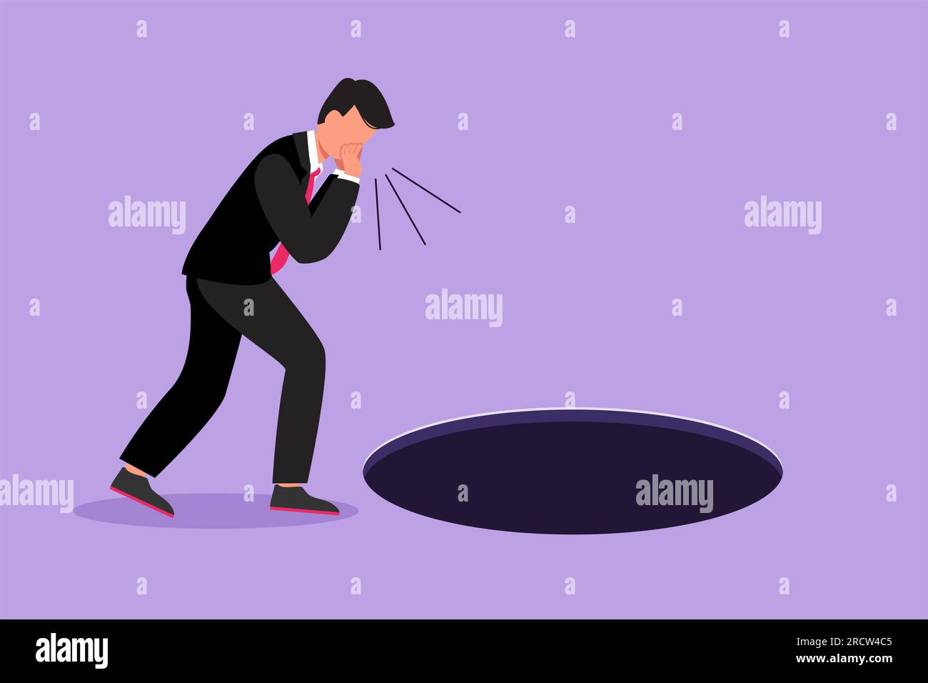 Cartoon flat style drawing young businessman scream into pit hole. Man ...