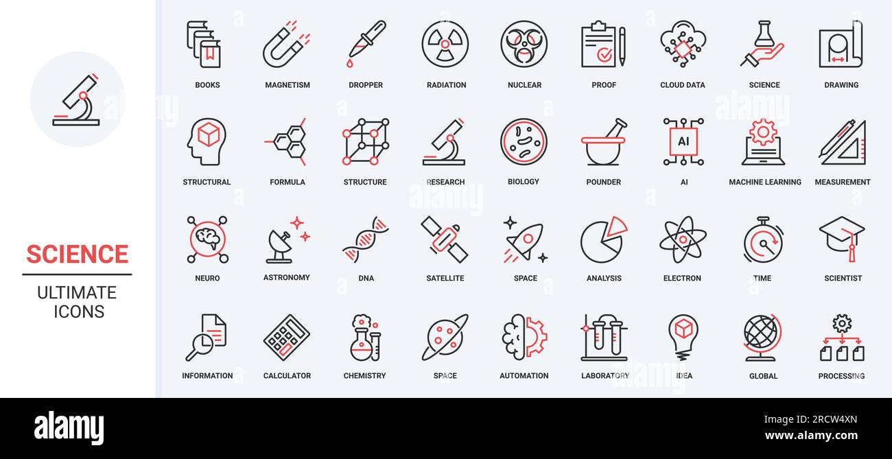 Vector illustration trendy red black thin line icons set science research technology, scientific ...