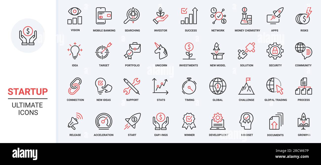 Startup technology trendy red black thin line icons set vector illustration, success ideas ...