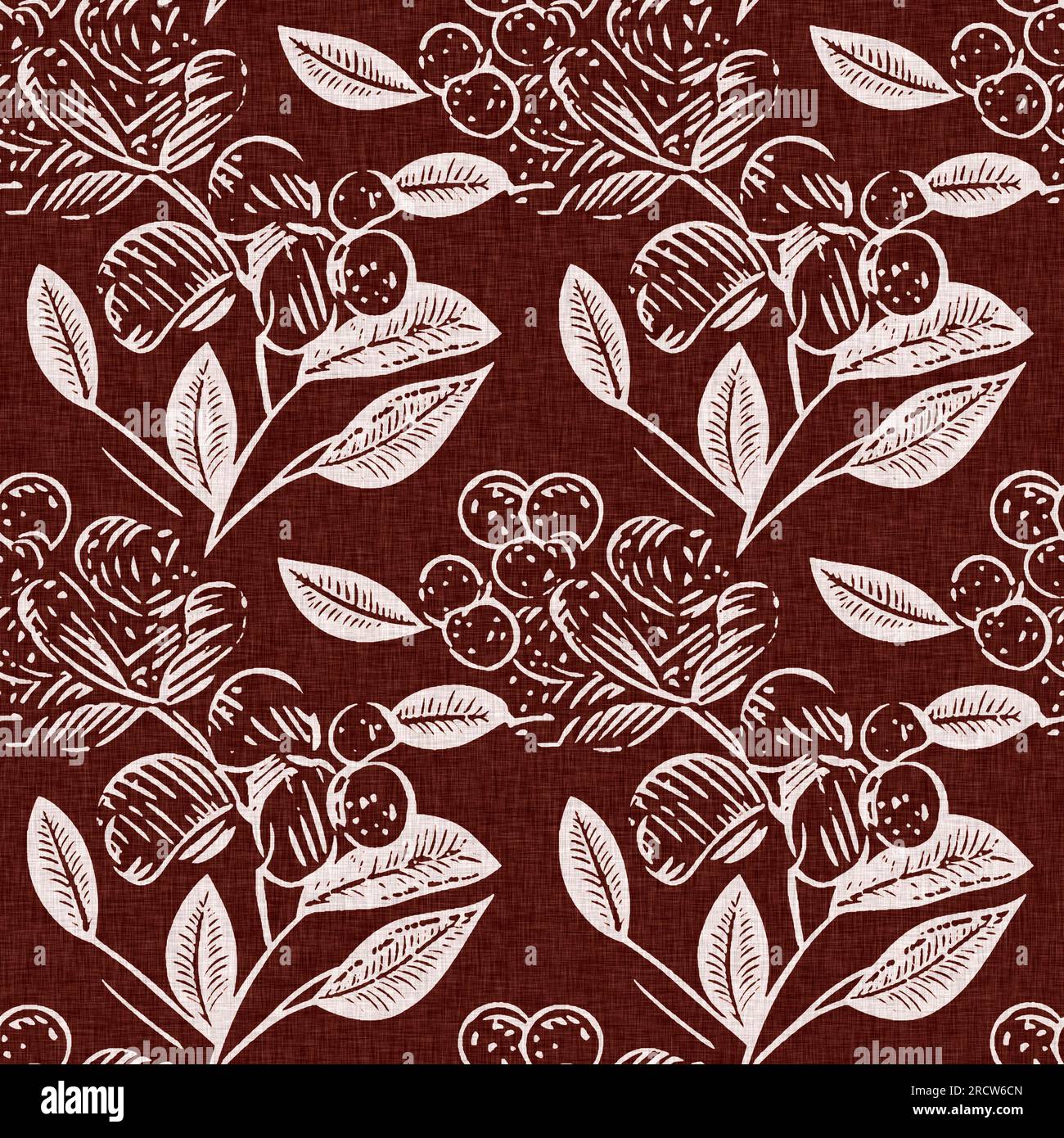 Maroon red country floral blockprint linen seamless pattern. Allover ...