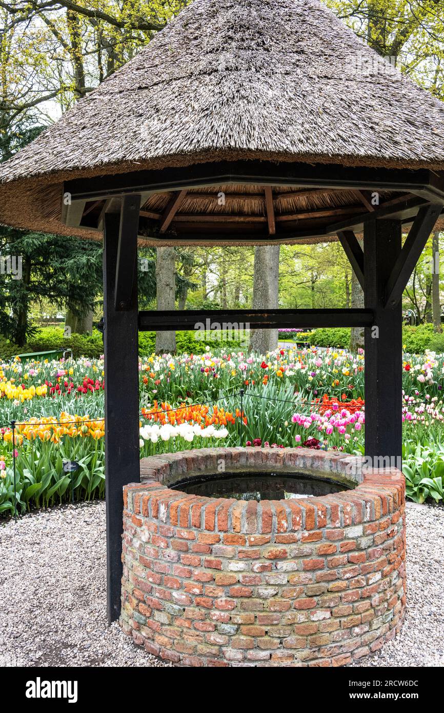 water well with a thatched roof at the Keukenhof Gardens Stock Photo ...