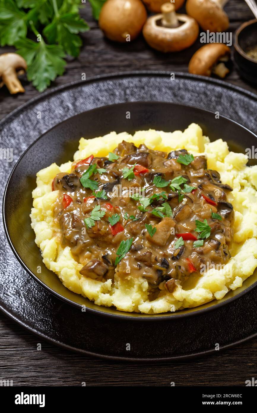 potato mush topped with mushroom gravy in black bowl with fork on dark ...