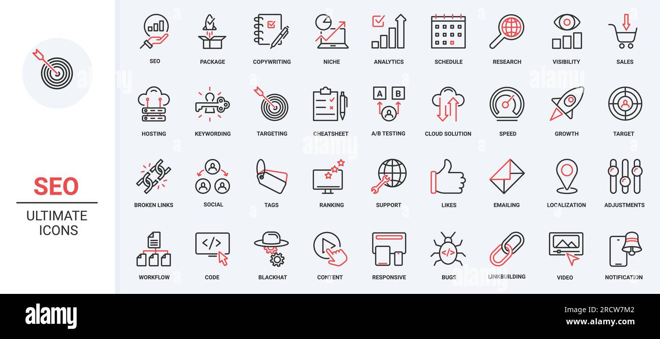 Vector illustration trendy red black thin line icons set SEO online business technology, social ...