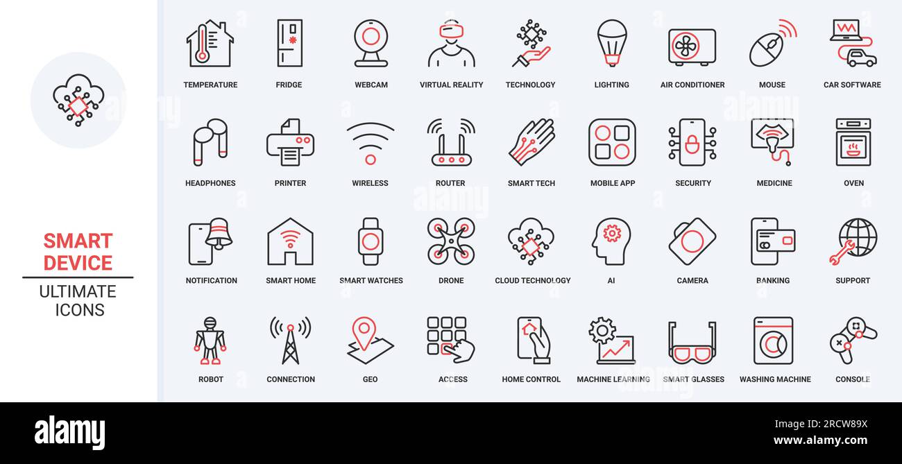 Vector illustration red black thin line icons set smart home technology ...