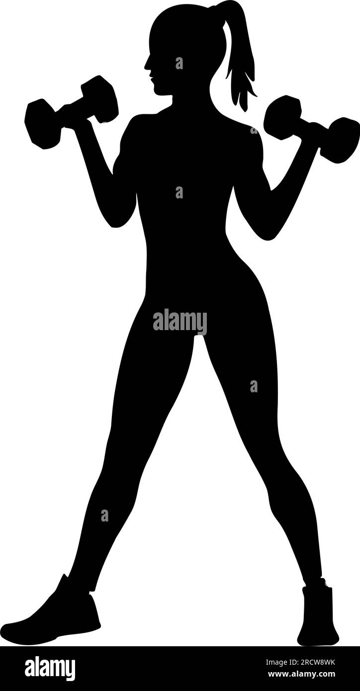 Muscle woman bodybuilder lifting dumbbells Silhouette. Vector ...