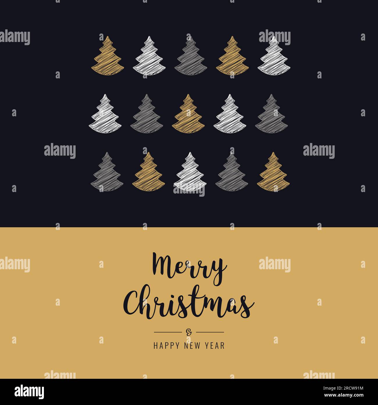 christmas trees scribble drawing greeting black gold background Stock ...