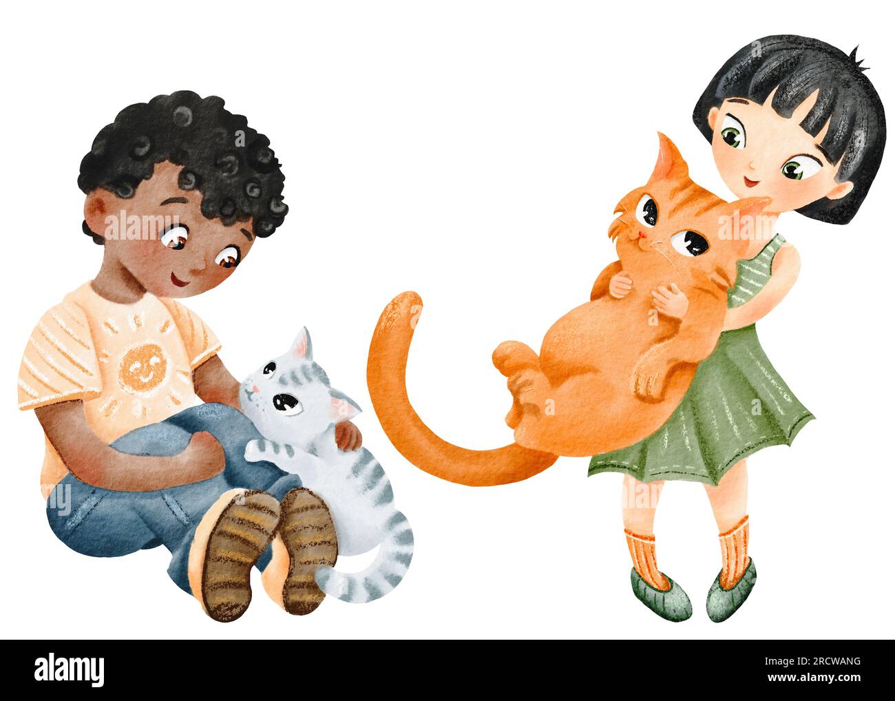 Set of children and cats. African American boy is sitting with his pet ...