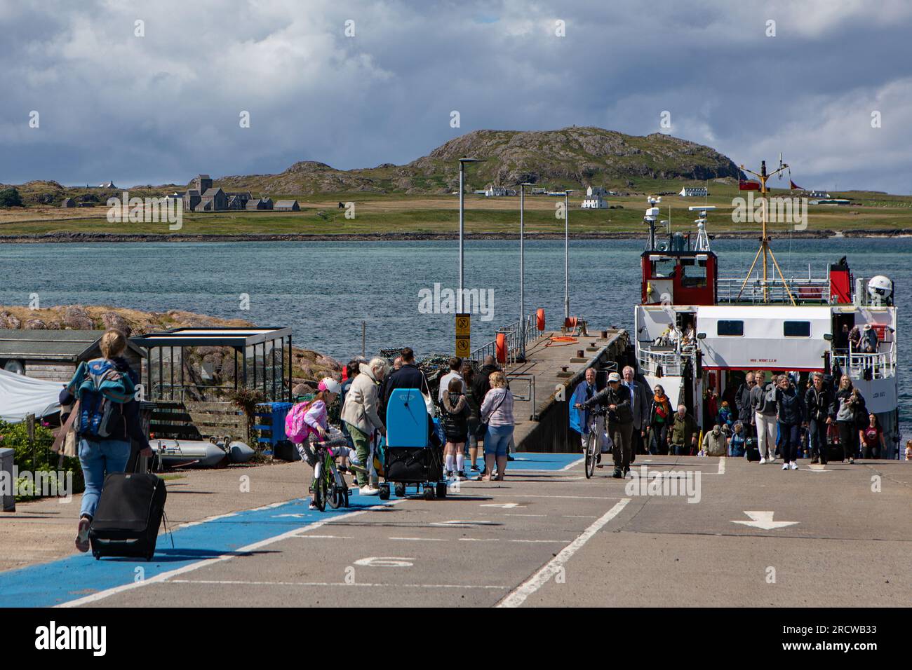 Ferry passengers queuing for the foot-ferry to Iona from Fionnphort ...