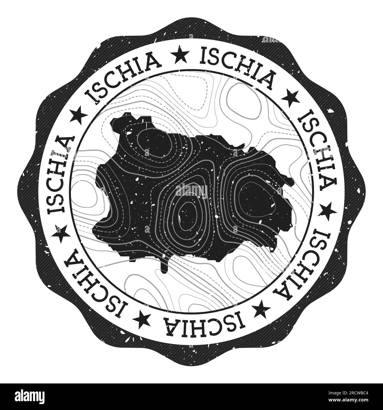Ischia outdoor stamp. Round sticker with map of island with topographic ...