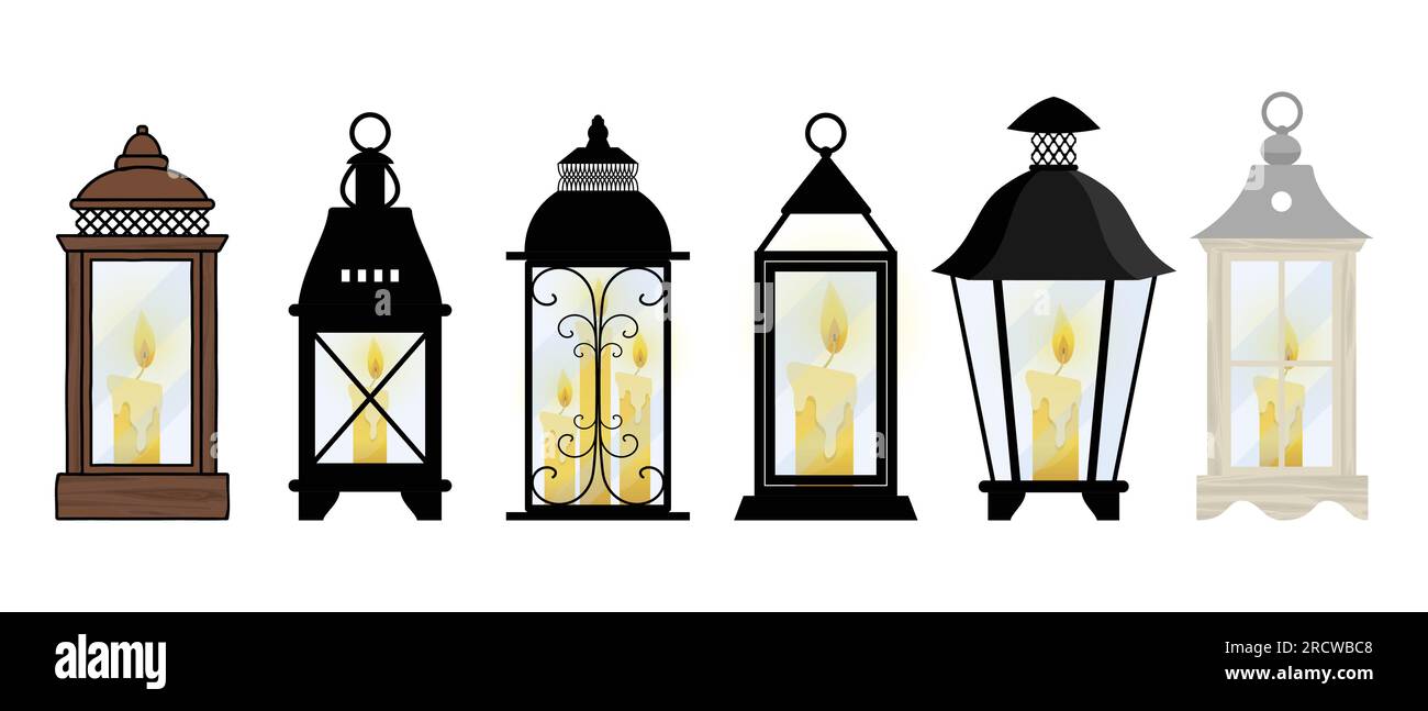 Vintage cartoon old-fashioned lanterns with candles of different colors ...