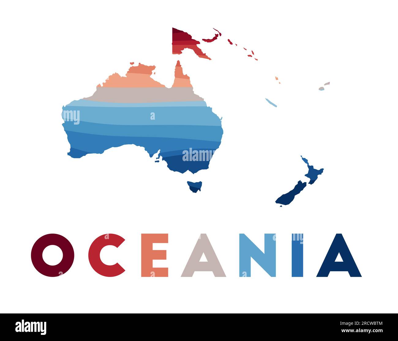 Oceania map. Map of the continent with beautiful geometric waves in red and blue colors. Vivid ...