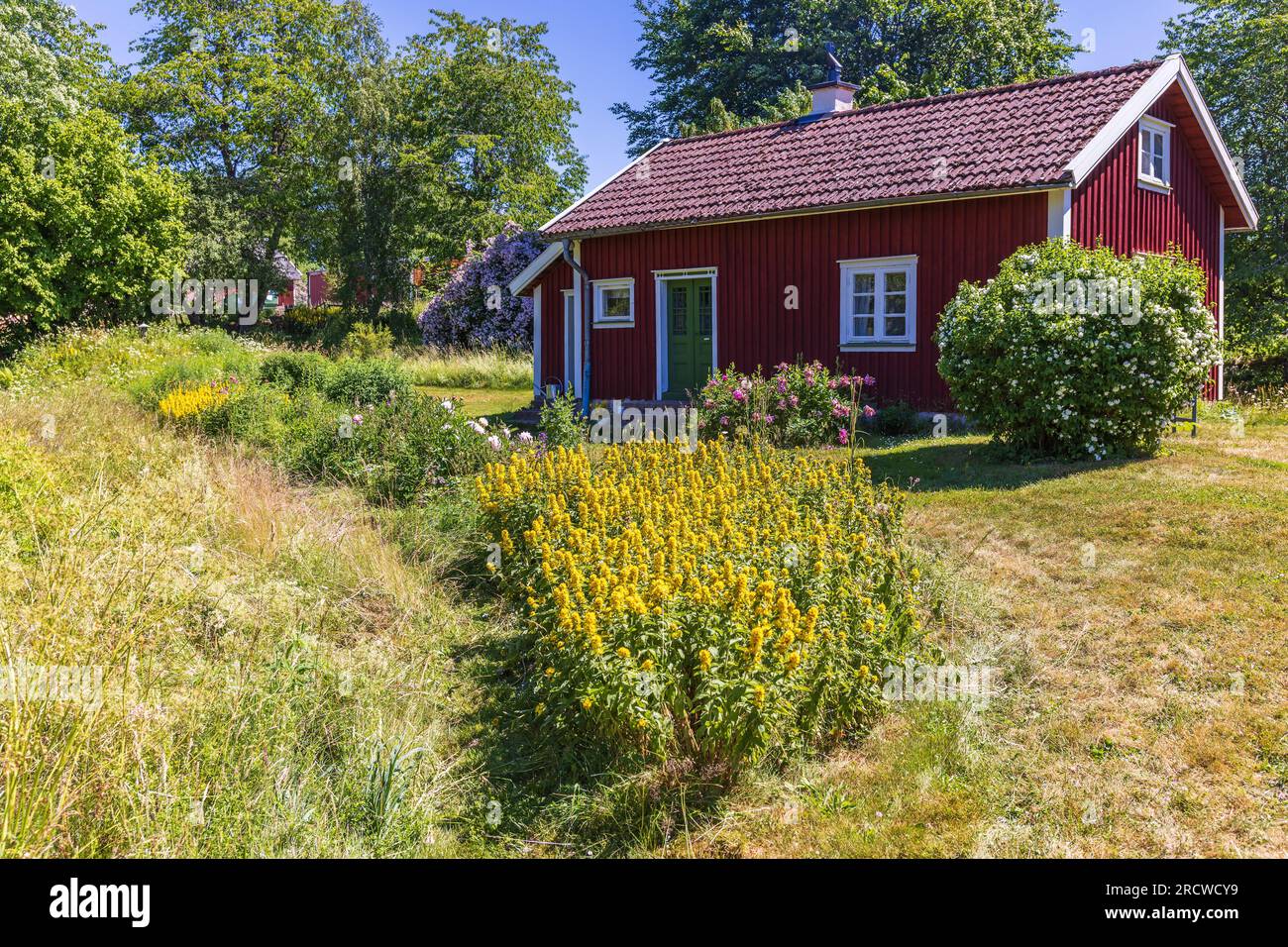 Red idyllic old cottage with a flowering garden Stock Photo - Alamy