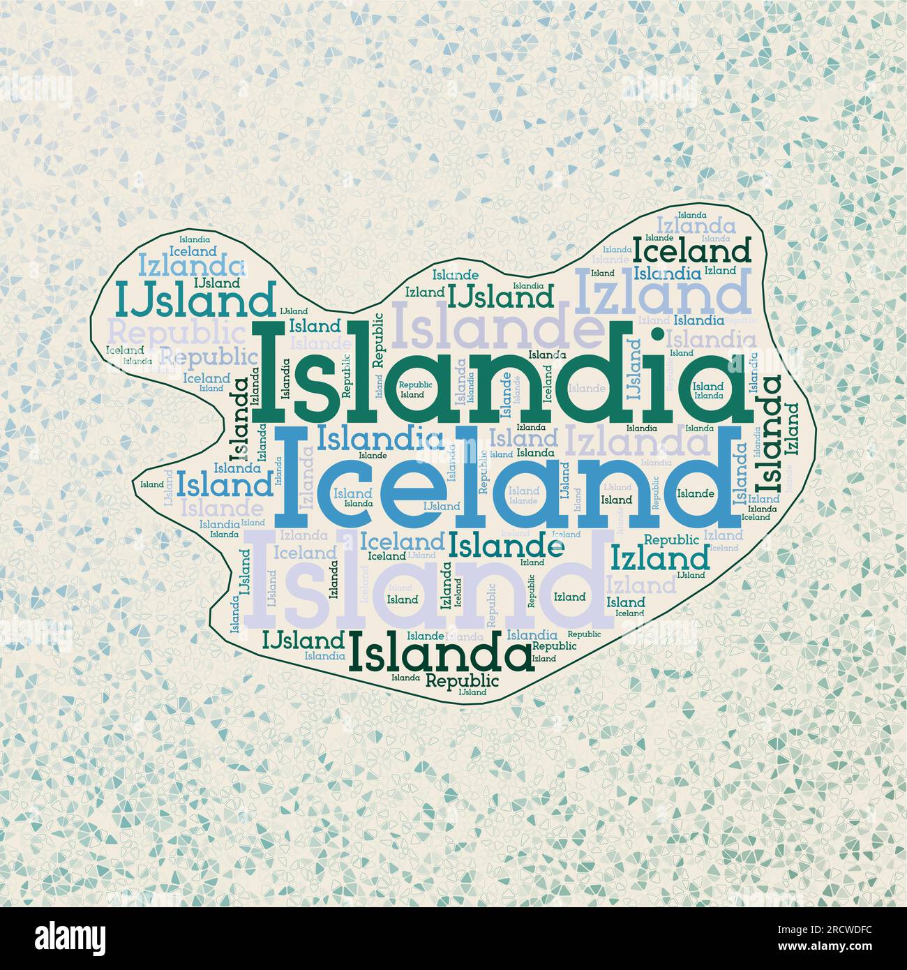Iceland shape with country names word cloud in multiple languages ...