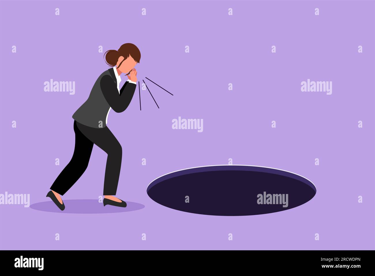 Cartoon flat style drawing of businesswoman scream into pit hole. Woman ...