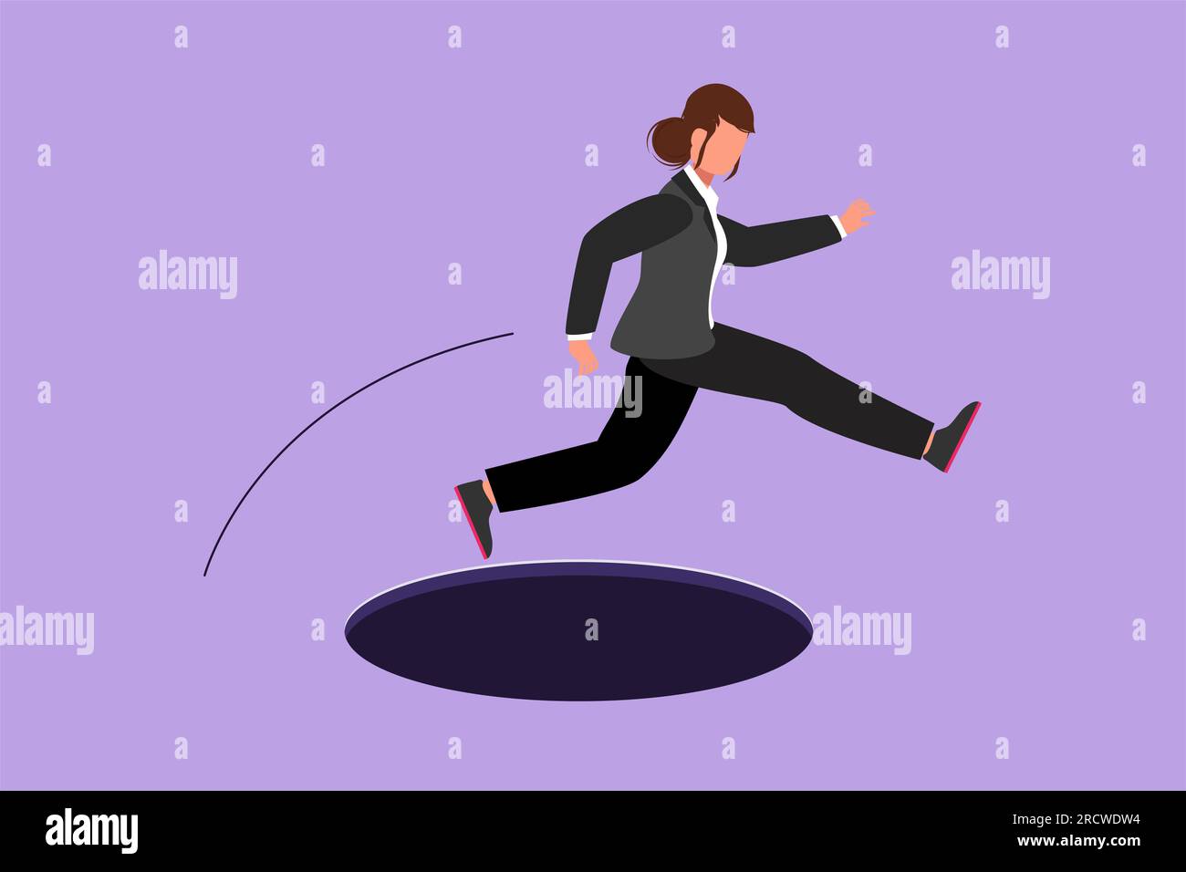 Graphic flat design drawing young businesswoman jumping through hole ...